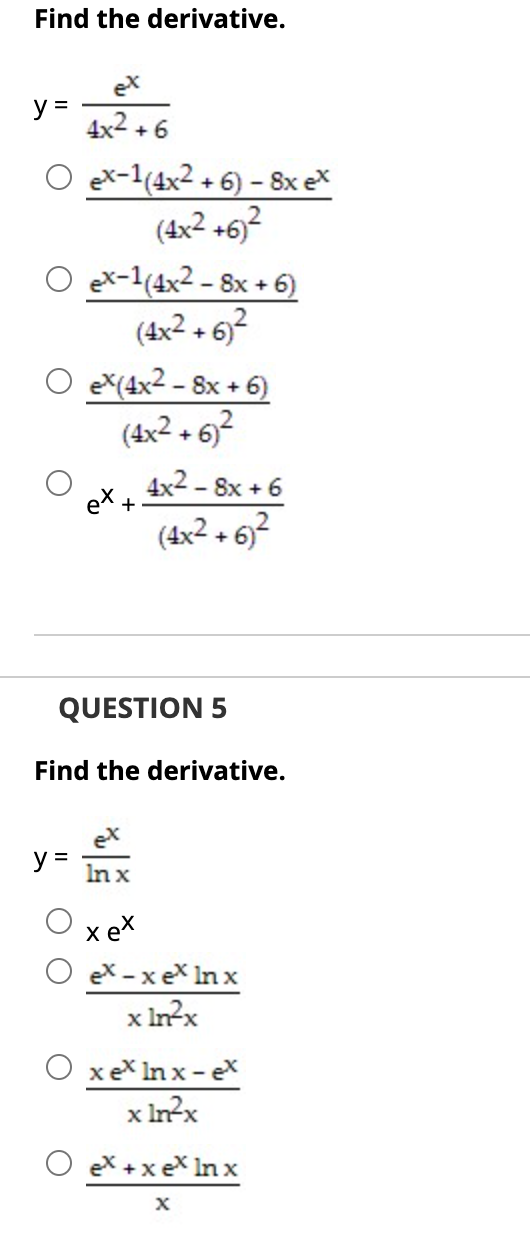 Solved Find the derivative. ex y = 4x2 +6 ex-1(4x2 + 6) - | Chegg.com