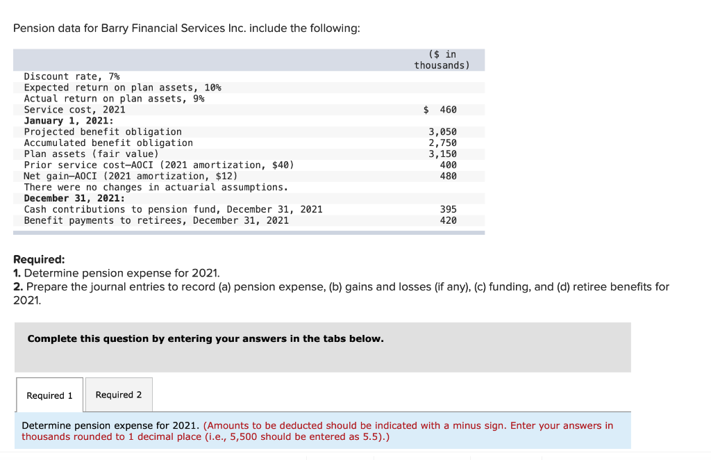 Solved Pension data for Barry Financial Services Inc. | Chegg.com