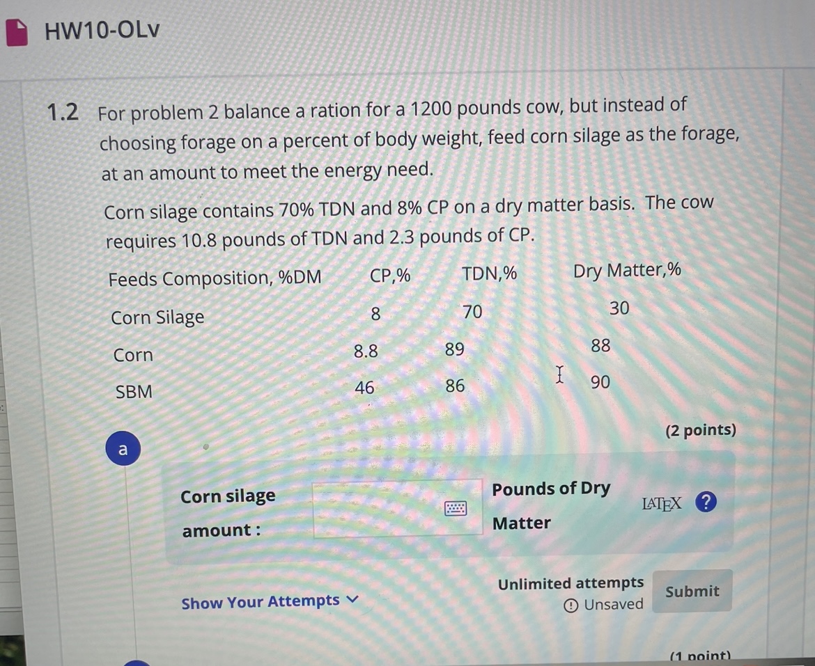 Solved 2 For problem 2 balance a ration for a 1200 pounds | Chegg.com