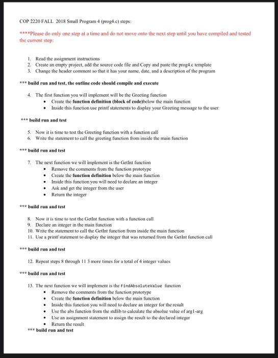 Solved COP 2220 FALL 2018 Small Program 4 (prog4.c) steps: | Chegg.com