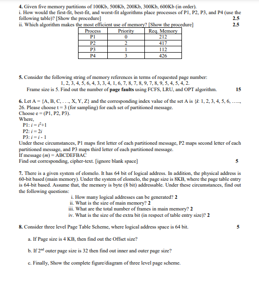 Solved 4. Given five memory partitions of 100KB, 500KL, | Chegg.com