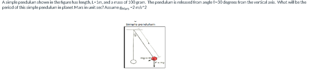 Solved period of this simple pendulum in planet Mars in unit | Chegg.com