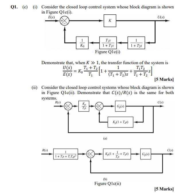 Solved Q1. (c) (i) Consider the closed loop control system | Chegg.com
