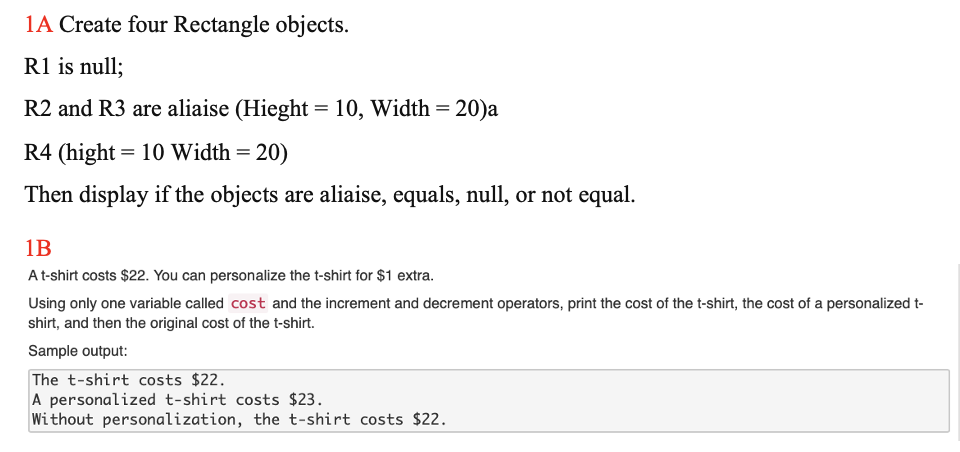 Solved 1A Create four Rectangle objects. R1 is null; R2 and | Chegg.com