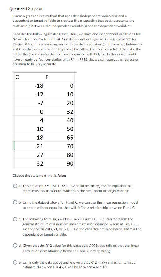 Solved Question 12 (1 ﻿point)Linear regression is a method | Chegg.com