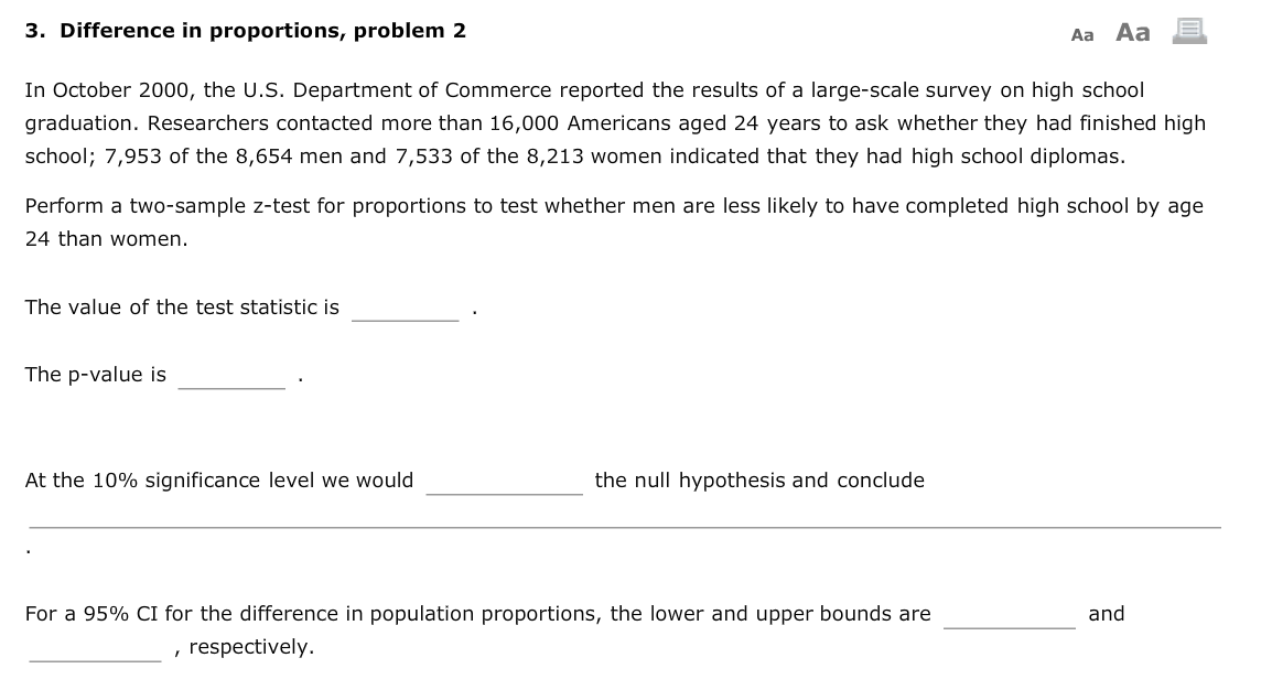 Solved 3. Difference in proportions, problem 2 Aa Aa E In | Chegg.com