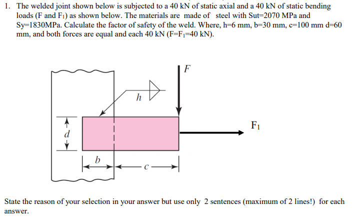 Solved 1. The welded joint shown below is subjected to a 40 | Chegg.com