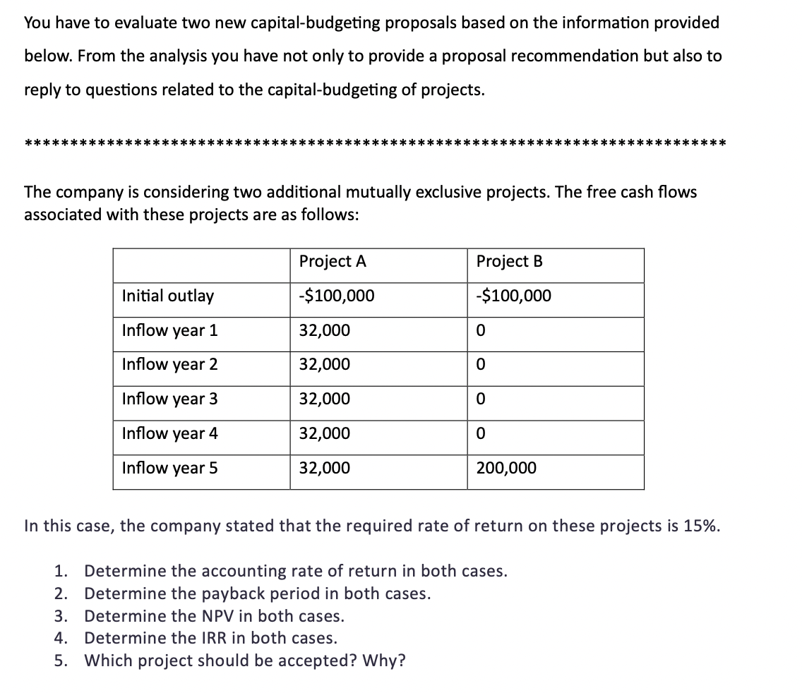 Solved You have to evaluate two new capital-budgeting | Chegg.com