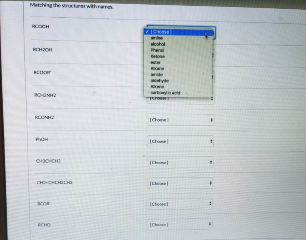 Solved Matching the structures with names. RCOOH [Choose | Chegg.com