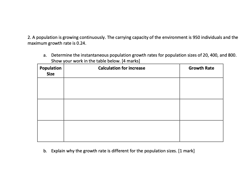 Solved 2. A population is growing continuously. The carrying | Chegg.com