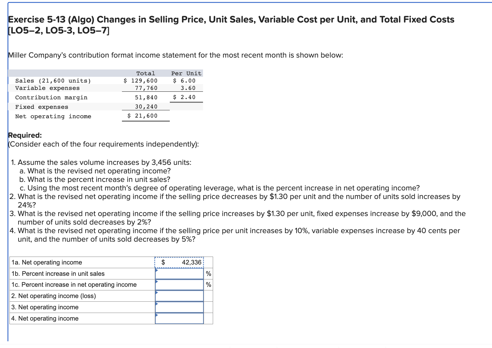 Solved Exercise 5-13 (Algo) Changes in Selling Price, Unit | Chegg.com