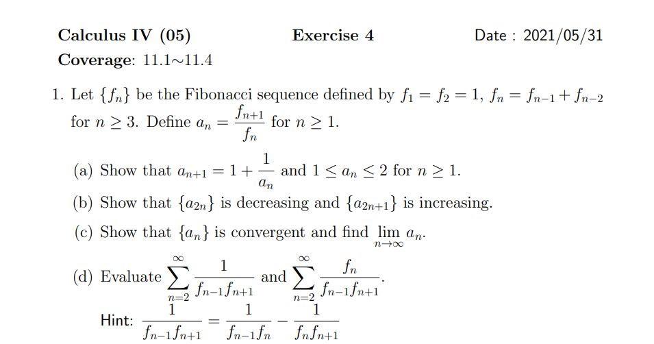 Solved Exercise 4 Date : 2021/05/31 Calculus IV (05) | Chegg.com