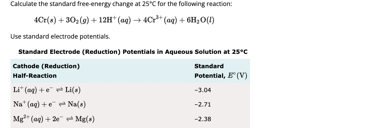 Solved 4Cr(s)+3O2(g)+12H+(aq)→4Cr3+(aq)+6H2O(l) Use standard | Chegg.com