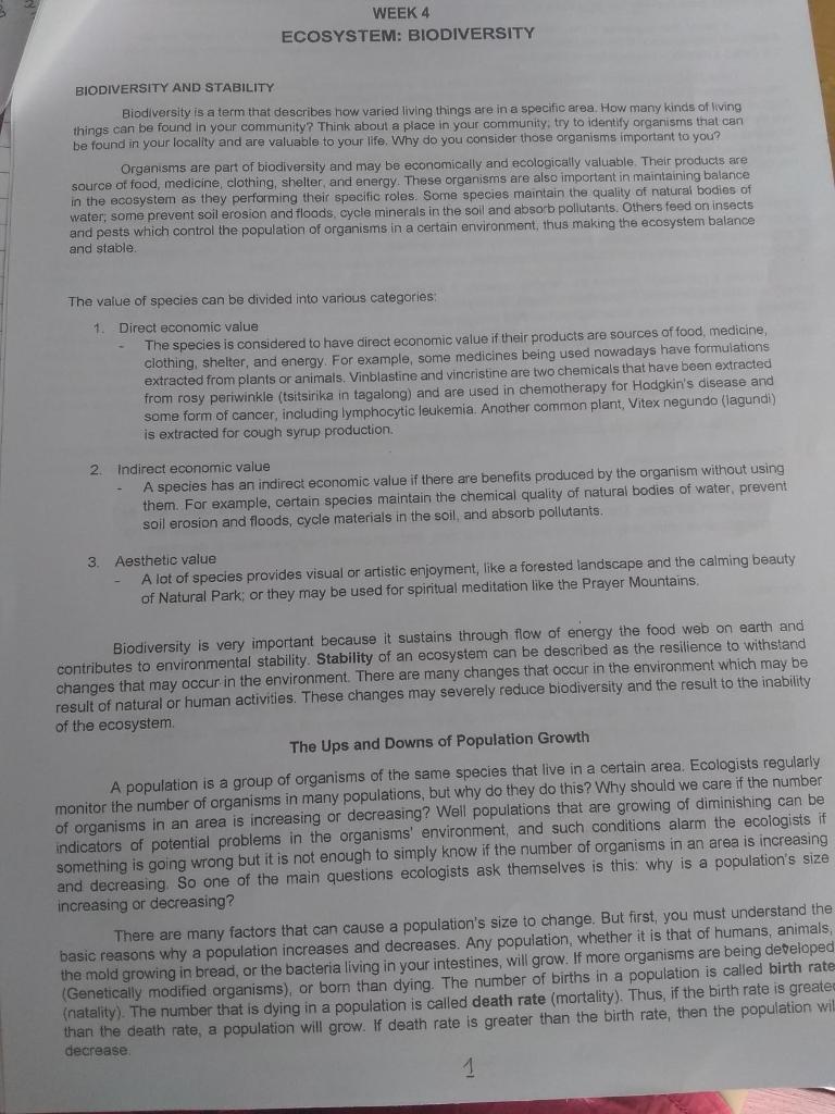 Solved WEEK 4 ECOSYSTEM: BIODIVERSITY BIODIVERSITY AND | Chegg.com