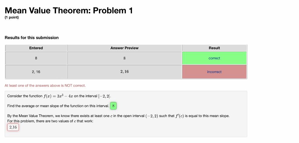 Solved Mean Value Theorem: Problem 1 (1 point) Results for | Chegg.com