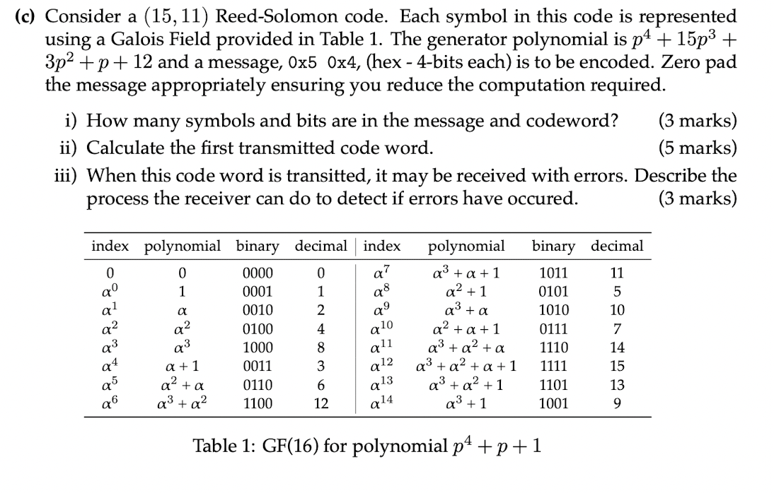 Solved Consider a (15,11) Reed-Solomon code. Each symbol in | Chegg.com