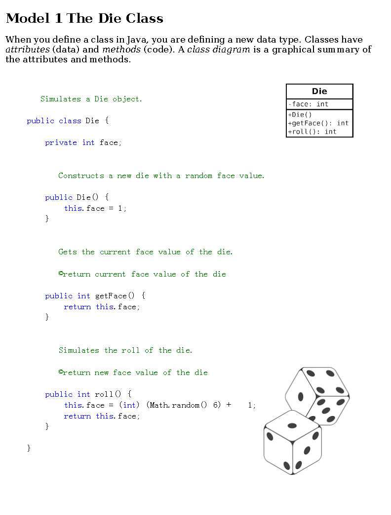 Solved Model 1 The Die Class When you define a class in | Chegg.com