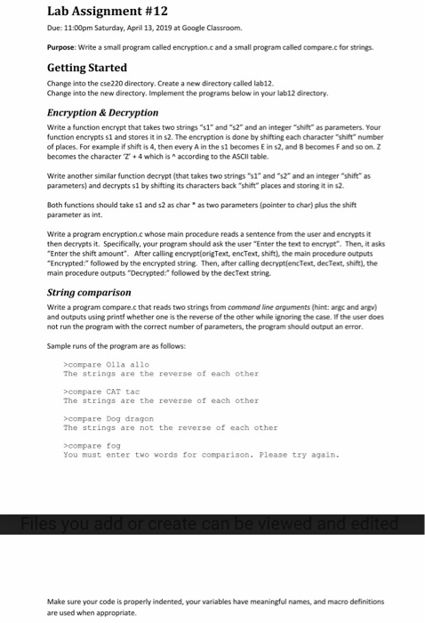 Solved Lab Assignment #12 Due: 11:00pm Saturday, April 13, | Chegg.com
