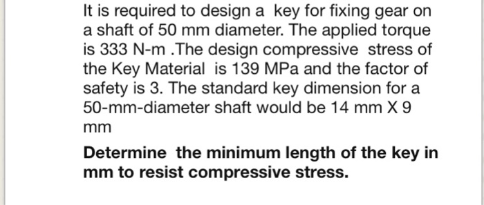 Solved It is required to design a square key for fixing gear | Chegg.com