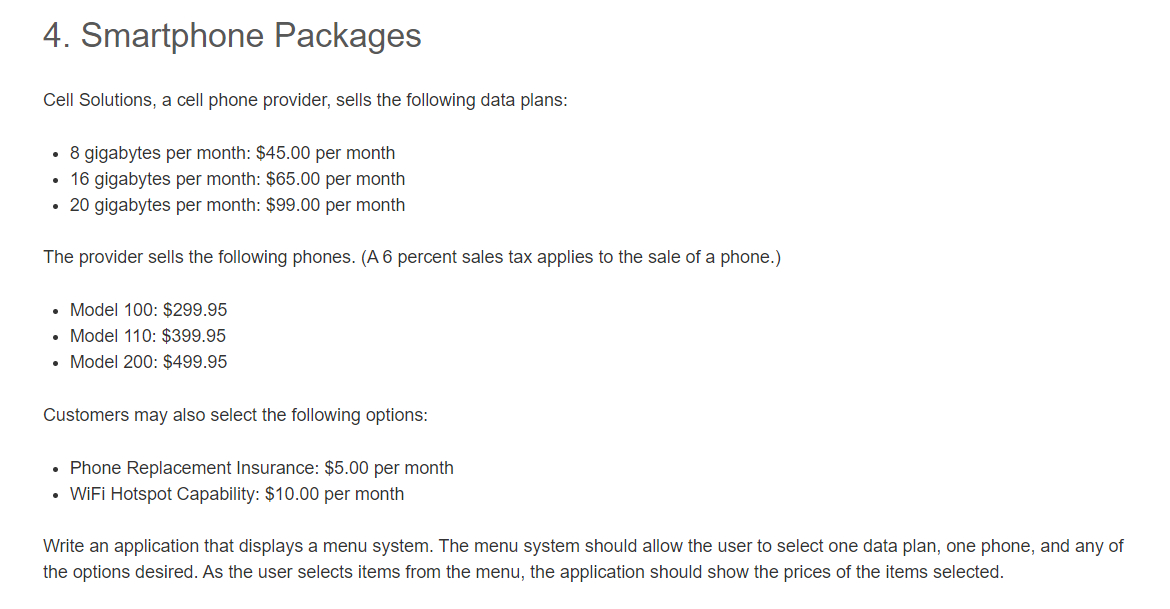 Solved 4. Smartphone Packages Cell Solutions, a cell phone | Chegg.com