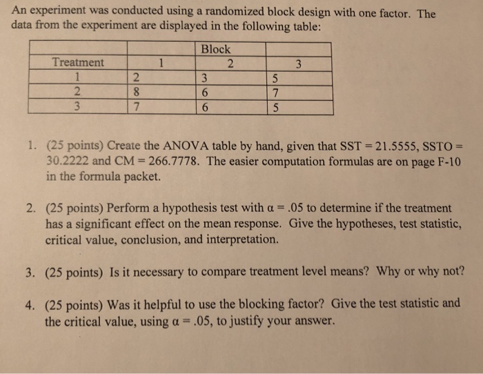 Solved An experiment was conducted using a randomized block | Chegg.com