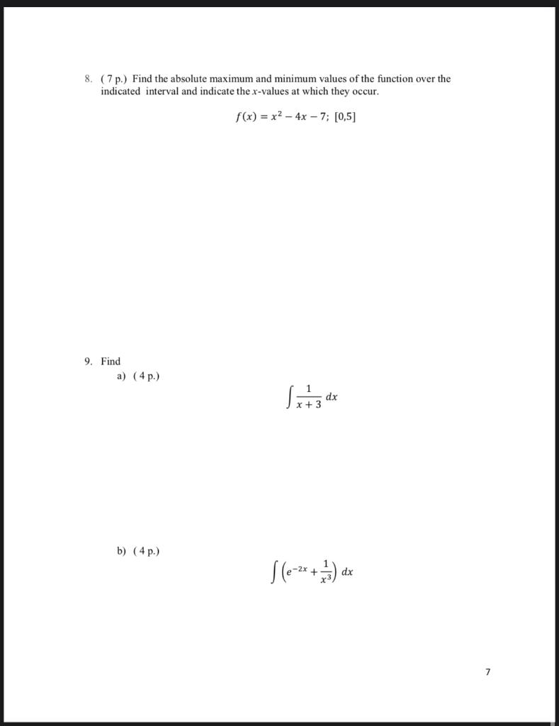 Solved 8. ( 7 p.) Find the absolute maximum and minimum | Chegg.com