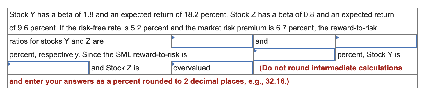 Solved Stock Y has a beta of 1.8 ﻿and an expected return of | Chegg.com