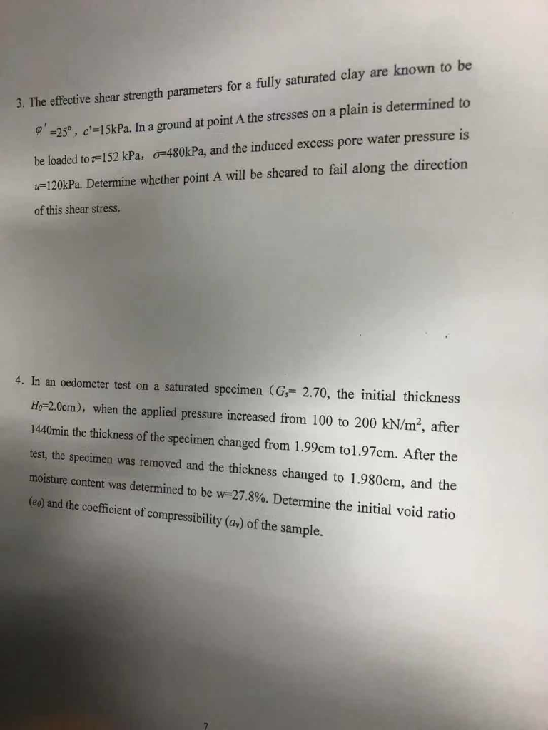 Solved 3. The effective shear strength parameters for a | Chegg.com