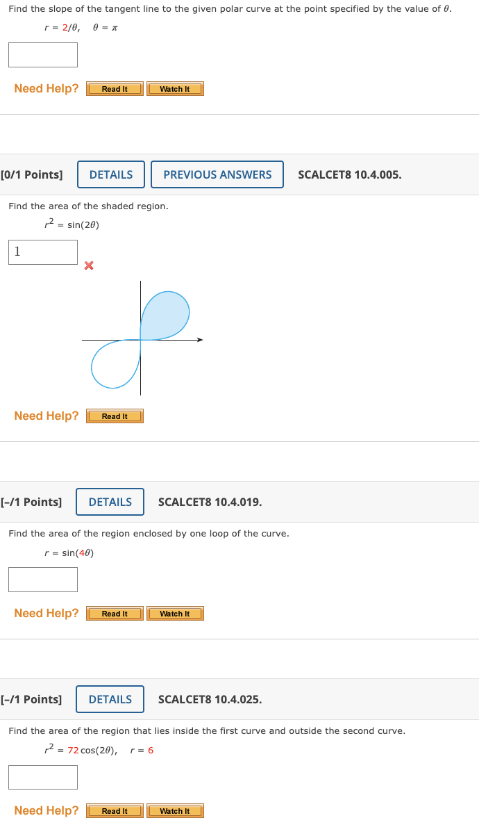 Solved r=2/θ,θ=π SCALCET8 10.4.005. Find the area of the | Chegg.com