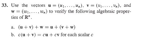 Solved 33. Use the vectors u=(u1,…,un),v=(v1,…,vn), and | Chegg.com