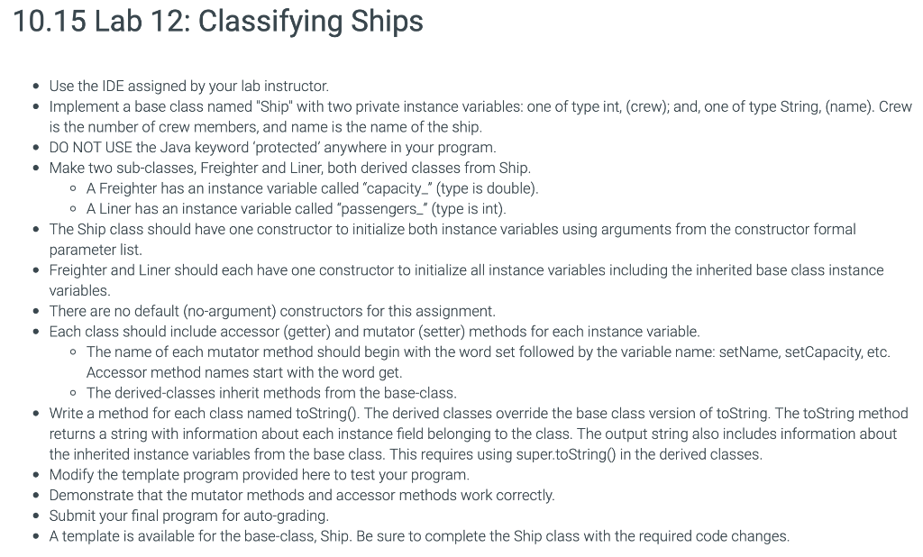 Solved 10.15 Lab 12: Classifying Ships • Use the IDE | Chegg.com