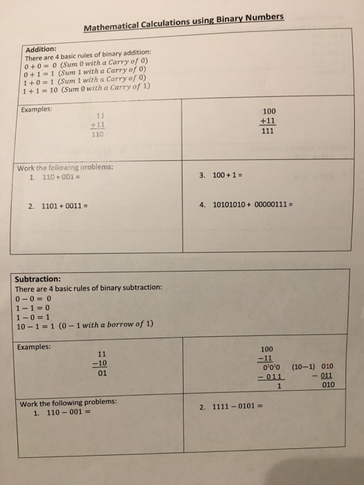 Solved Mathematical Calculations Using Binary Numbers Chegg