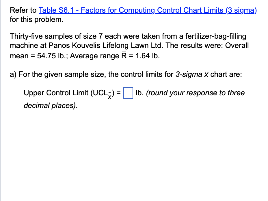 Solved Refer to Table S6.1 - Factors for Computing Control | Chegg.com