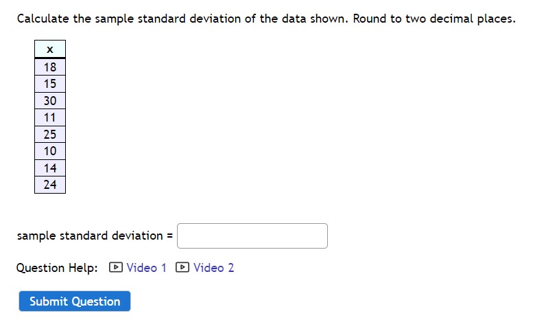 Solved Calculate the sample standard deviation of the data | Chegg.com