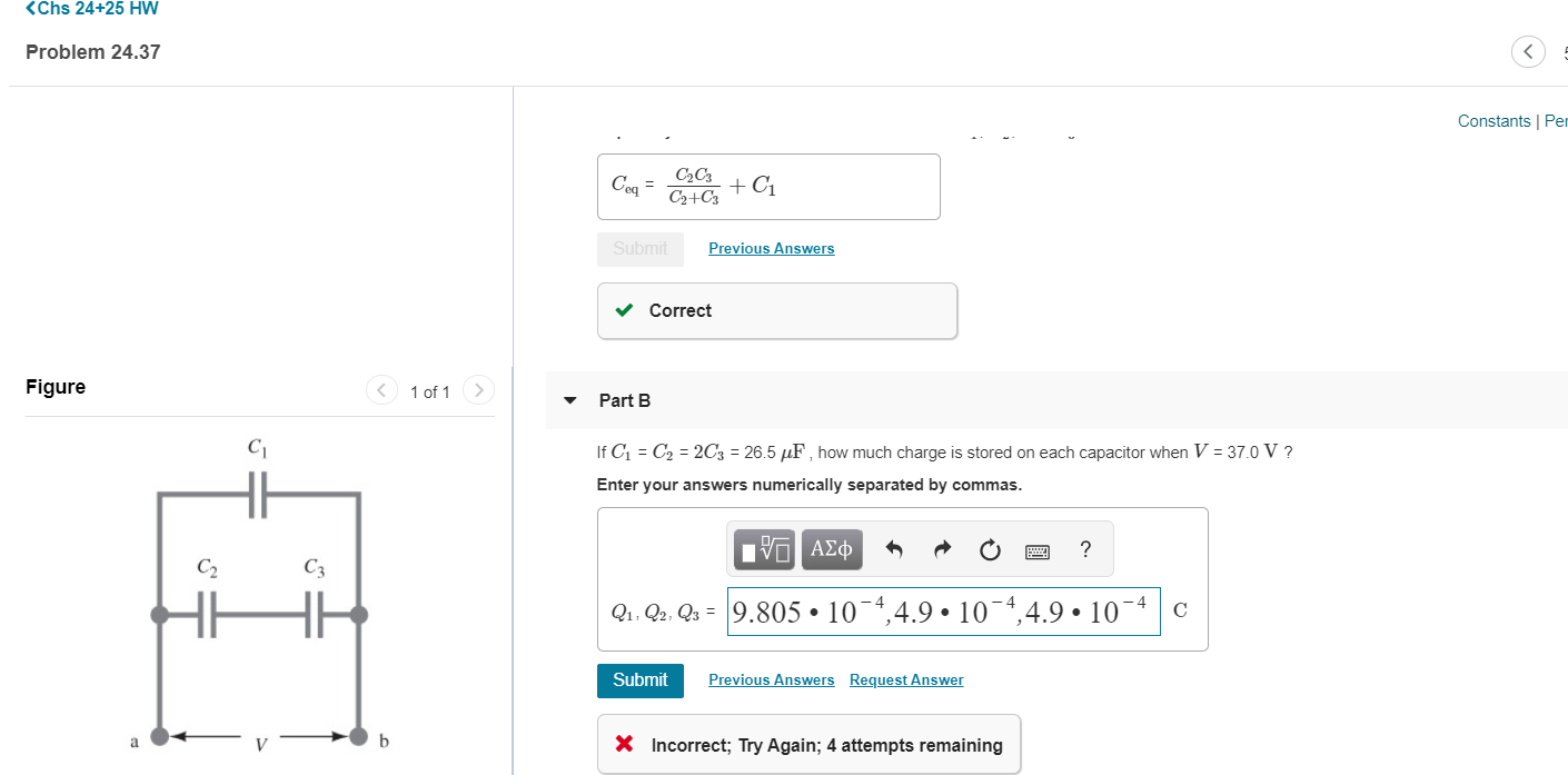 Solved Part B If C1 = C2 = 2C3 = 26.5 uF , how much charge | Chegg.com