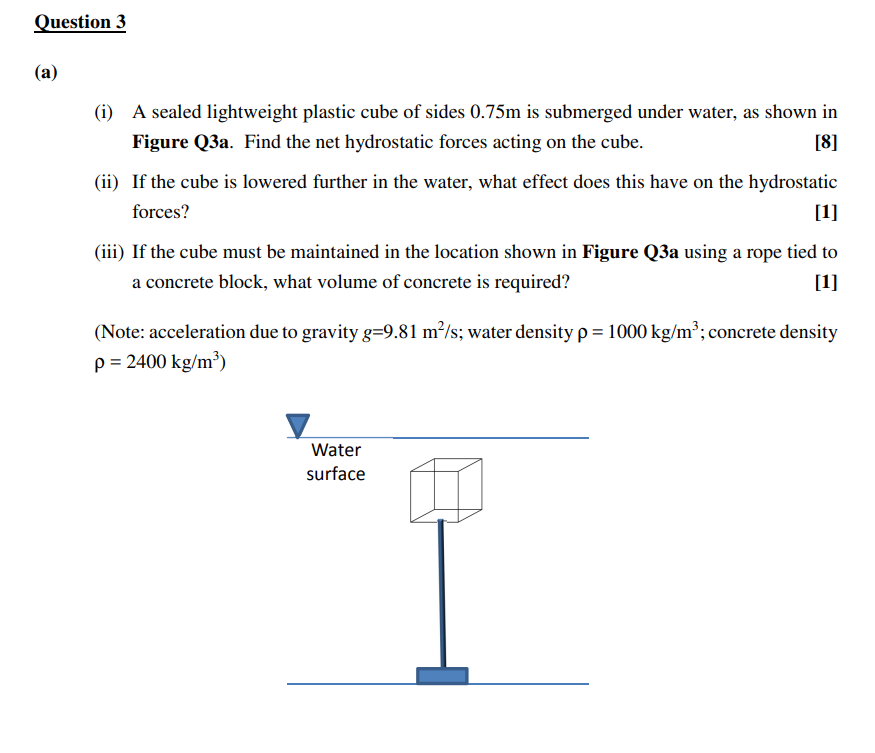 Solved A sealed lightweight plastic cube of sides 0.75m is | Chegg.com