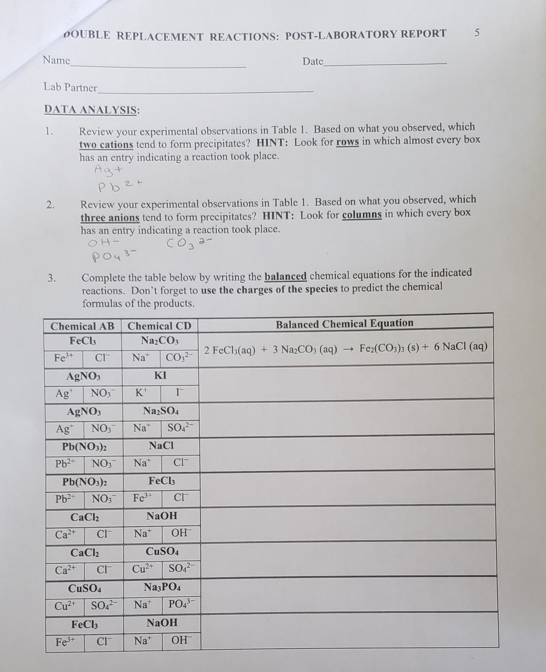 Solved DOUBLE REPLACEMENT REACTIONS: POST-LABORATORY REPORT | Chegg.com