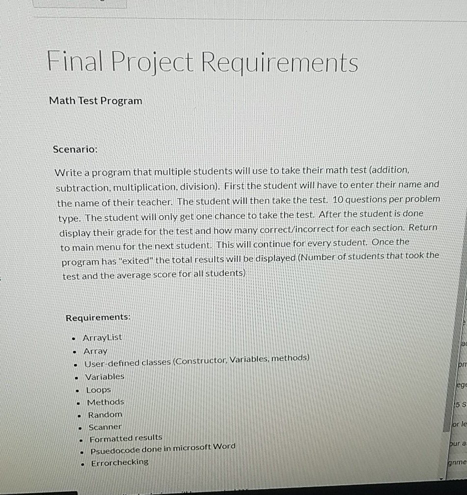 Solved Final Project Requirements Math Test Program | Chegg.com