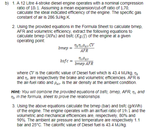 Solved 1. A 12 Litre 4-stroke diesel engine operates with a | Chegg.com
