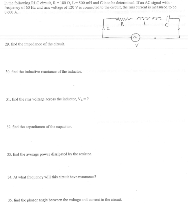Solved In the following RLC circuit, R = 180 S2, L = 500 mH | Chegg.com
