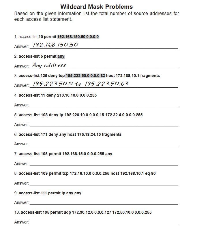 Solved Topic Wildcard Mask Problems (page 18 of the ACL | Chegg.com