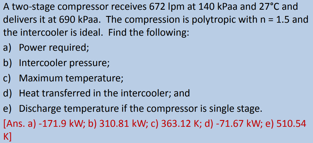 Solved A two-stage compressor receives 672 Ipm at 140 kPaa | Chegg.com