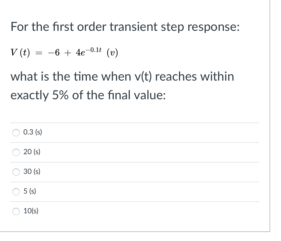 Solved For the first order transient step response: V (t) -6 | Chegg.com