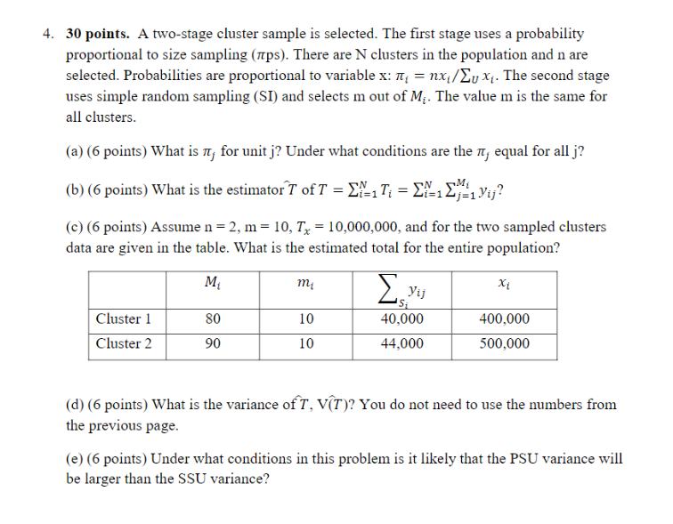 4. 30 points. A two-stage cluster sample is selected. | Chegg.com