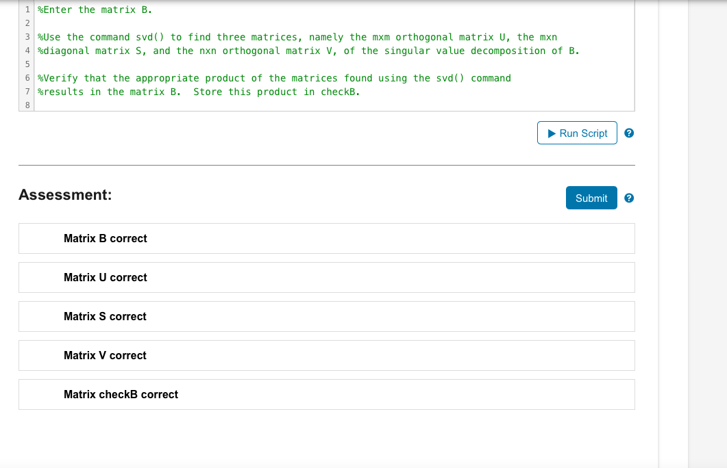 Solved 7.9.1: MATLAB: Singular Value Decomposition This tool | Chegg.com