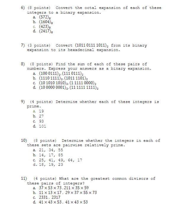 Solved Integer Representation, Prime, GCD, Division 1) (4 | Chegg.com