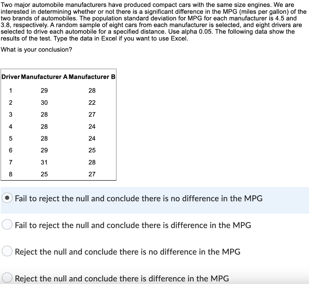 Solved Two major automobile manufacturers have produced | Chegg.com