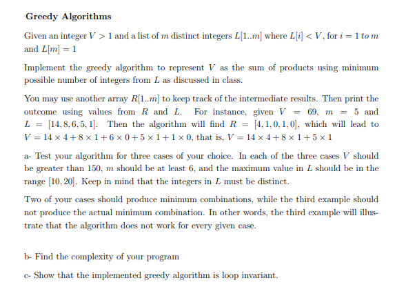 Solved Greedy Algorithms Given an integer V >1 and a list of | Chegg.com