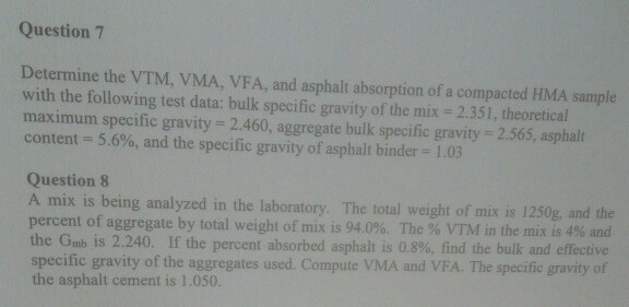 Solved Question 7 Determine the VTM, VMA, VFA, and asphalt | Chegg.com