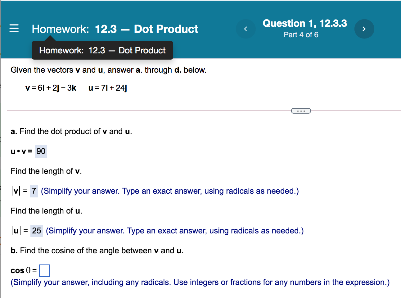 Solved Homework: 12.3 - Dot Product Question 1, 12.3.3 Part | Chegg.com
